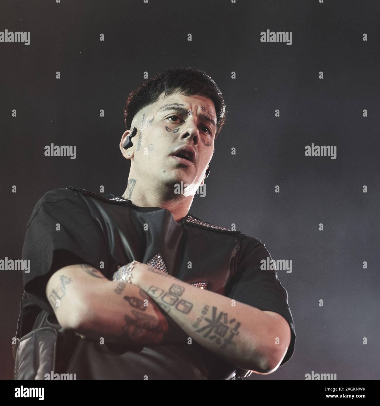 Argentine singer Duki during a performance at the Santiago Bernabeu ...