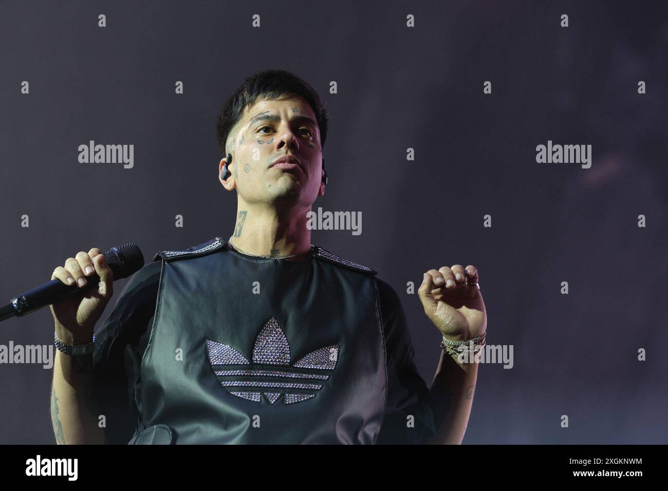 Argentine singer Duki during a performance at the Santiago Bernabeu ...