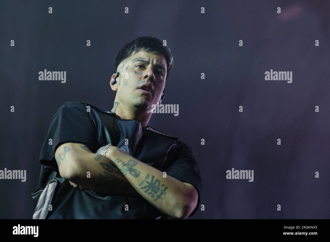 Argentine singer Duki during a performance at the Santiago Bernabeu ...