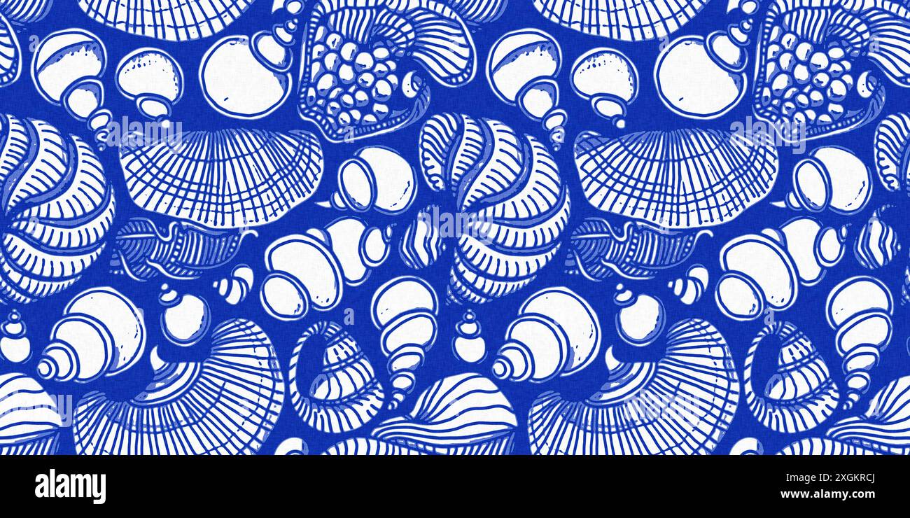 Azure blue white shell motif with linen seamless batik border ...