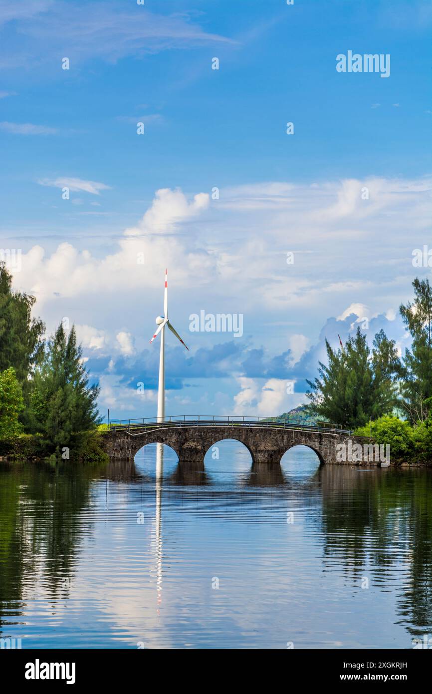 Wind turbine and bridge in downtown Victoria, Mahe, Republic of ...