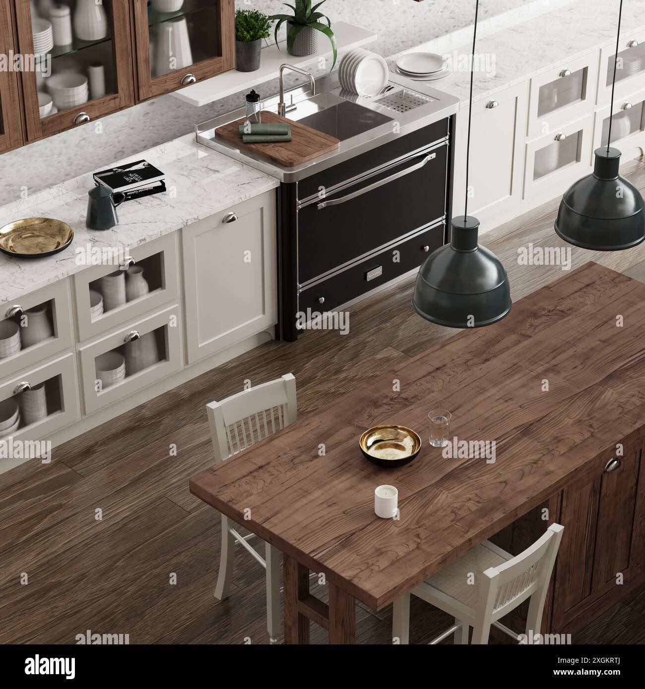 Modern farmhouse kitchen with marble countertops and wood accents for a ...
