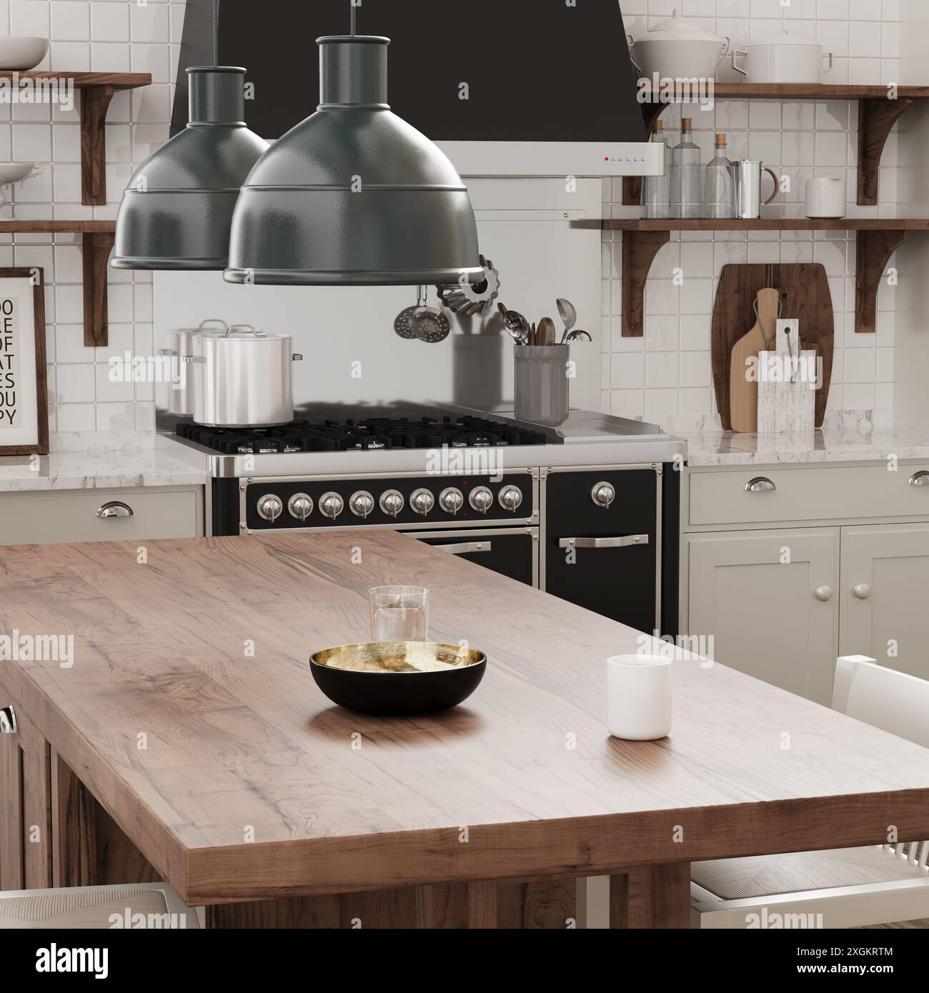 Design a modern, cozy kitchen with rustic touch, wooden island, and ...