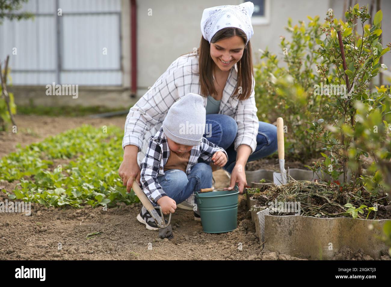 Mother and her cute son planting tree together in garden Stock Photo ...