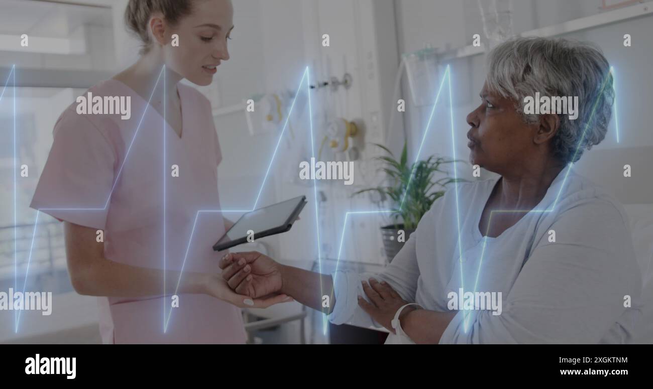 Image of heart rate monitor over diverse female doctor holding hands of ...