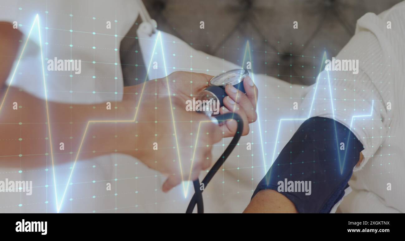 Image of heart rate monitor over mid section of female doctor checking ...