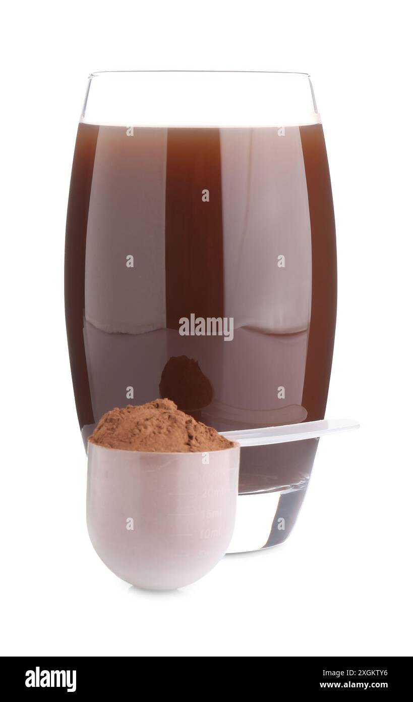 Delicious protein shake in glass and scoop with powder isolated on ...