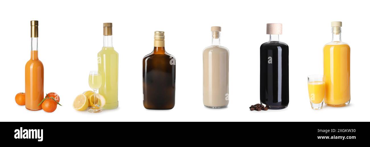 Collection of different tasty liqueurs on white background Stock Photo ...