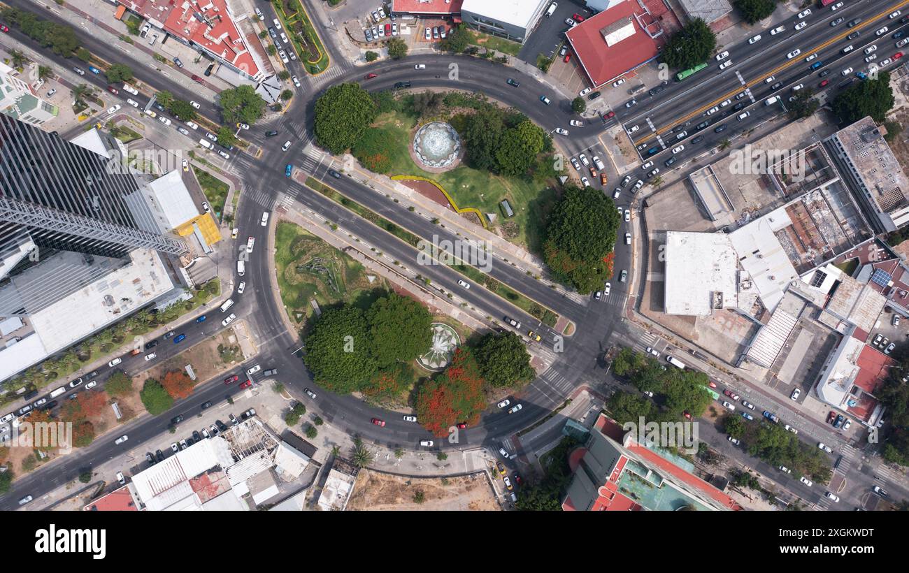 Straight down aerial view of a roundabout traffic circle and the ...