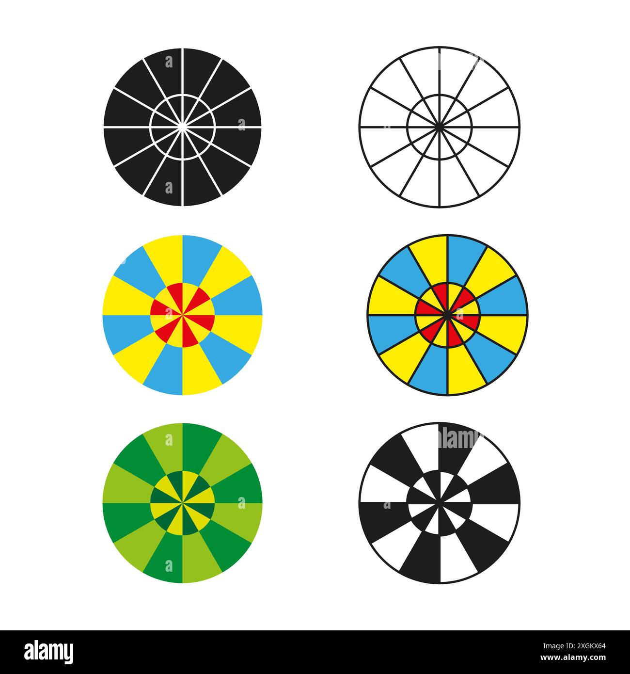 Colorful wheel patterns. Radial segment designs. Various color ...