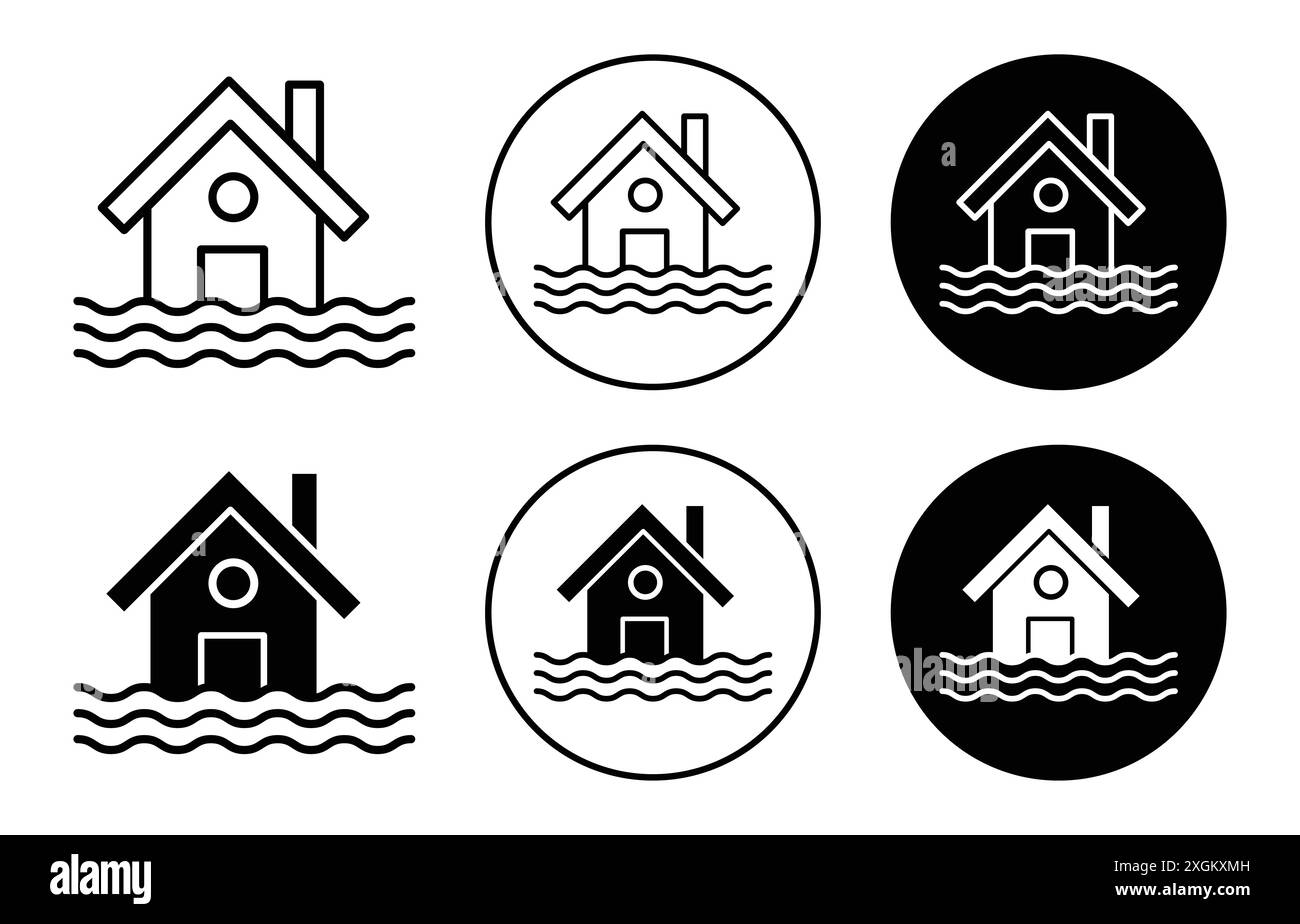 Flooded house icon logo sign vector outline in black and white color ...