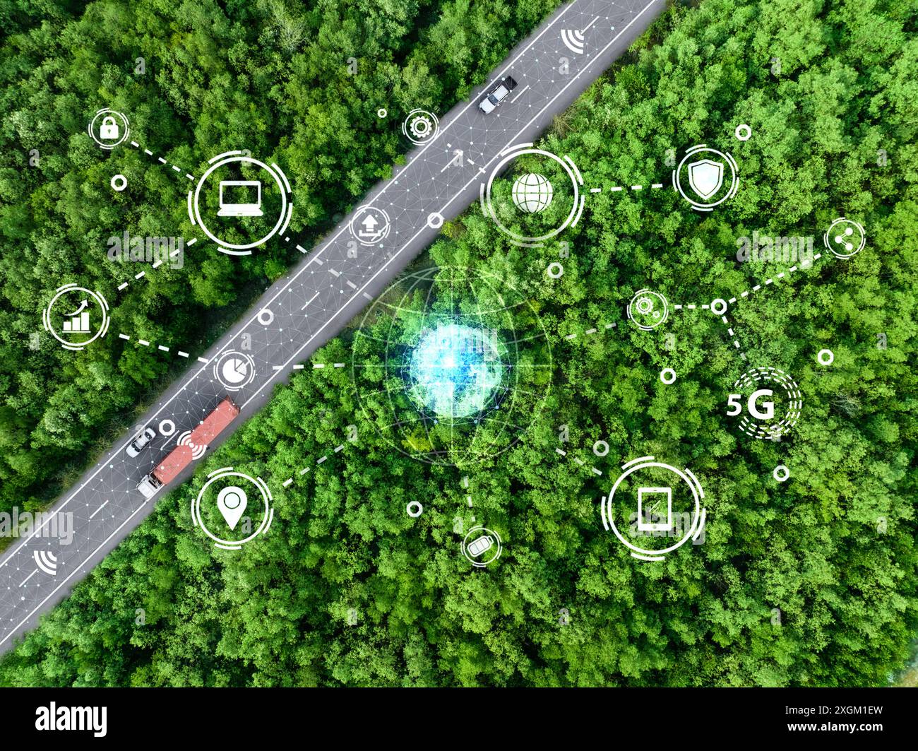 Autonomous car and truck technology on highway. Aerial drone view of ...