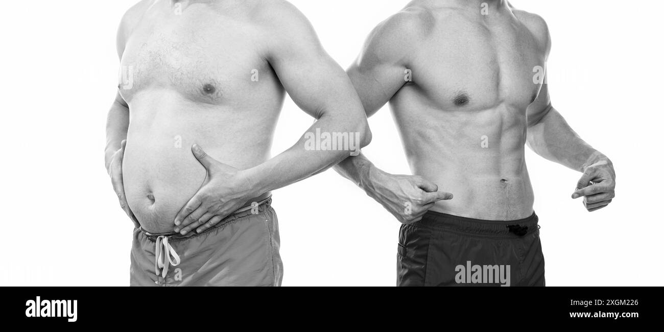 belly abs comparison of men in studio, pointing. cropped view of men ...