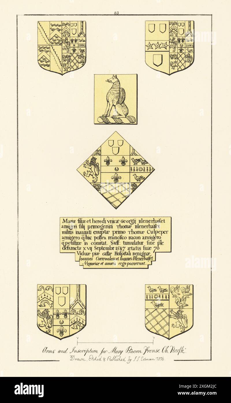 Coats of arms and inscription of Mary Bacon, 1587. Daughter of George ...
