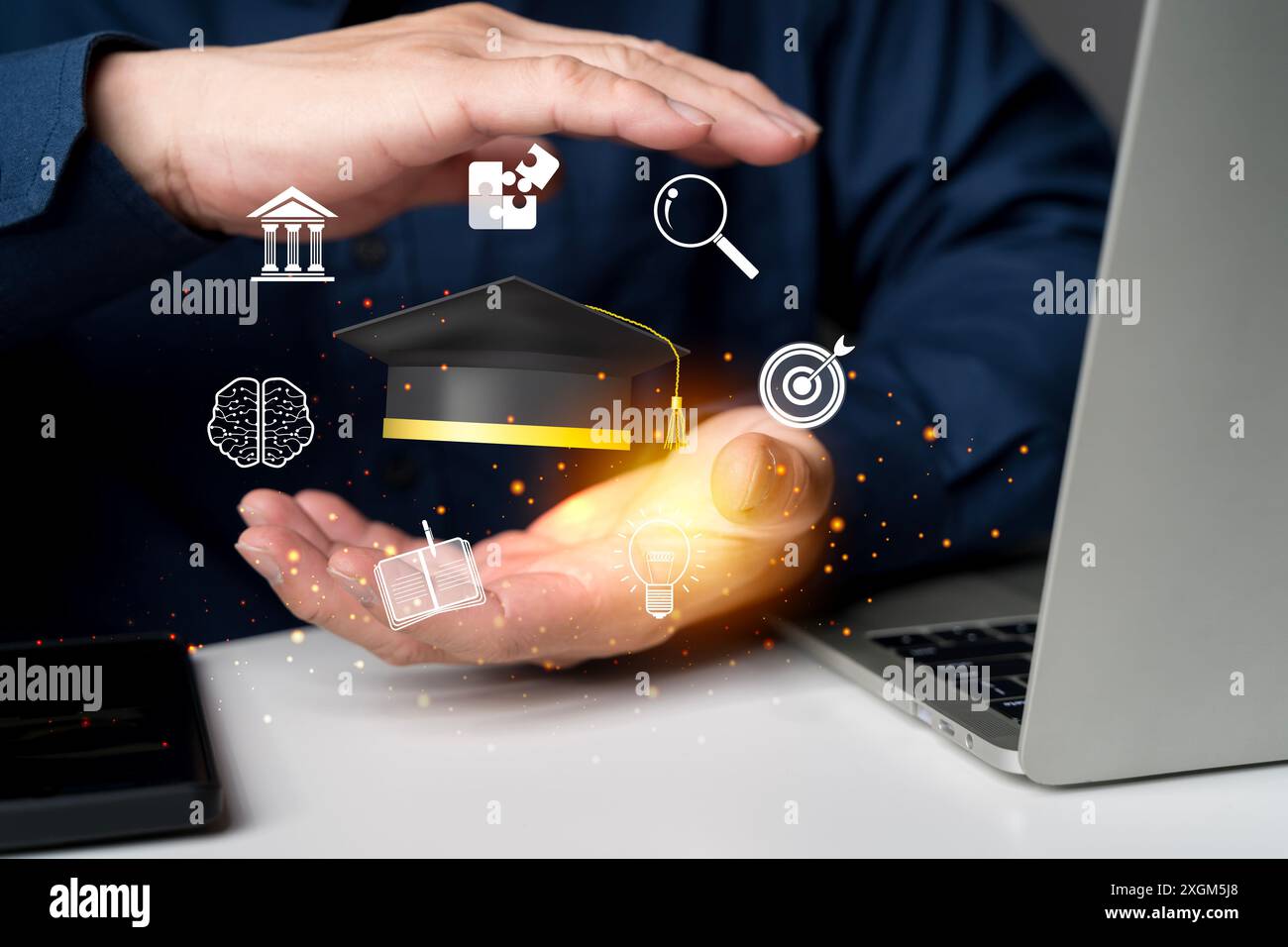 E-learning online graduate course concept online male hand display ...