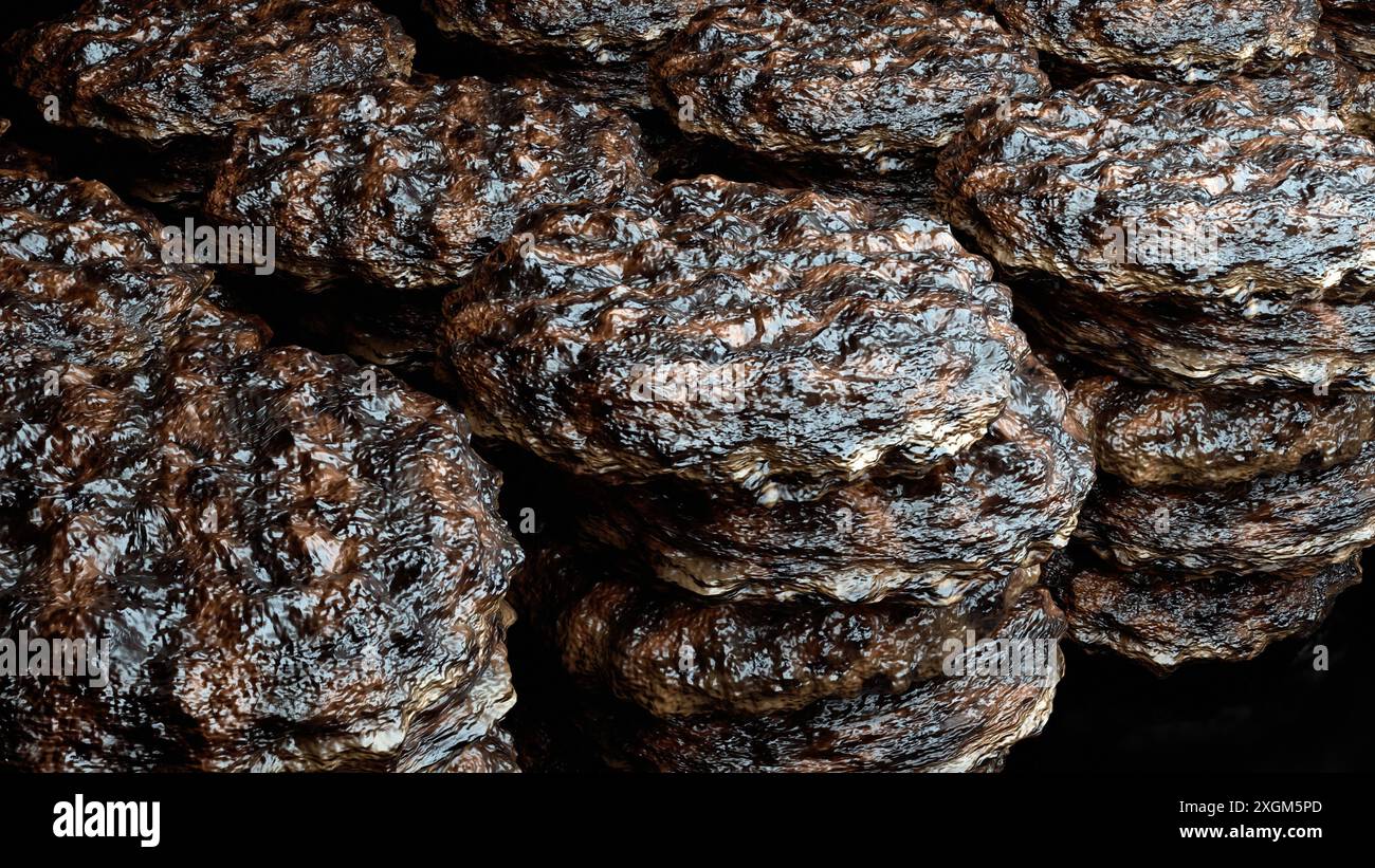 3d rendering of a close-up beef patties on a black background. The ...
