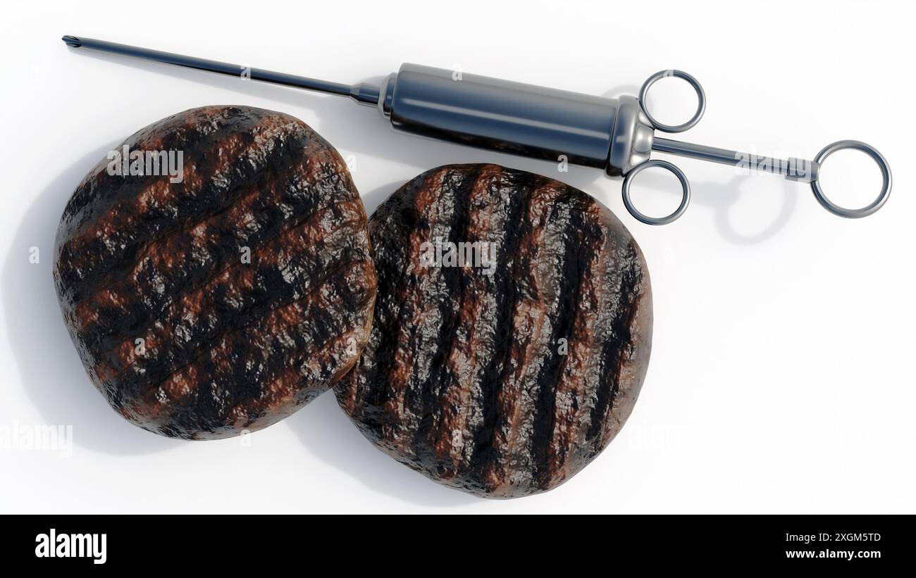 3d rendering of beef patty and a food syringe, conceptual image for ...