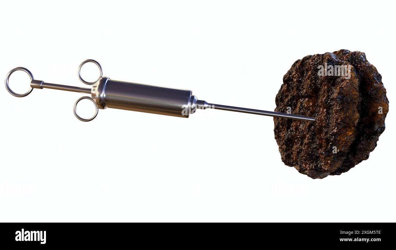 3d rendering of beef patty and a food syringe, conceptual image for ...