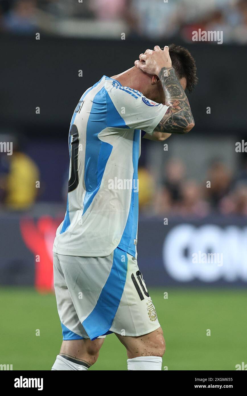 New Jersey, US July 9, 2024. Argentina's forward Lionel Messi gestures ...