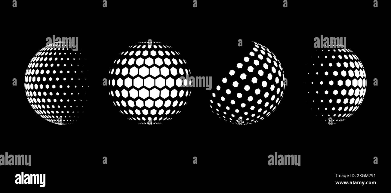White halftone pattern sphere collection. Hexagon wireframe 3d circle ...