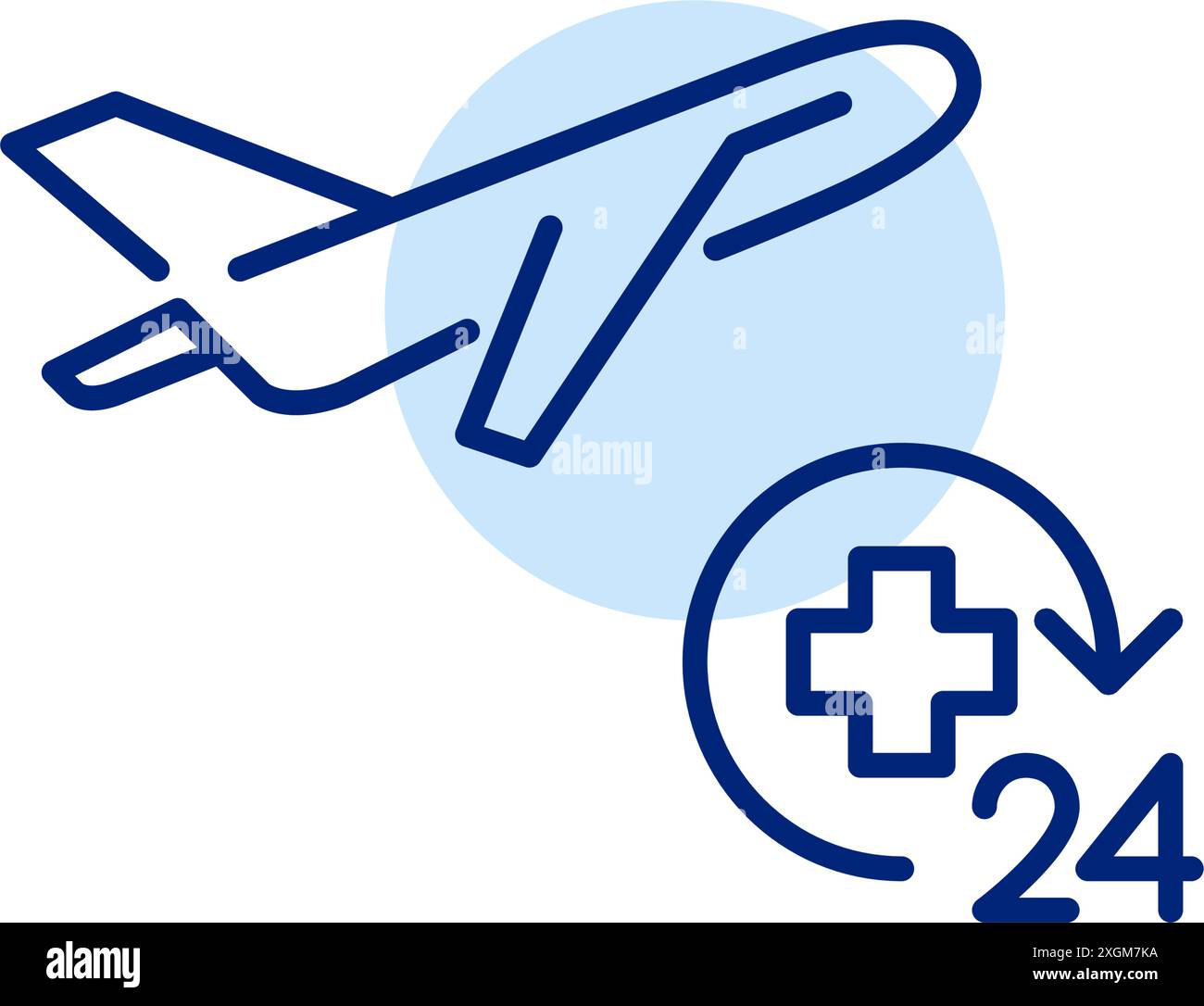 Airplane taking off and 24 hour medical cross symbol. Emergency travel ...