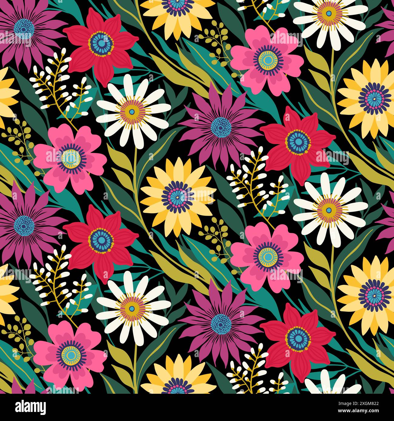 Half drop Floral Seamless Pattern of Fantasy Flowers in Green, Yellow ...