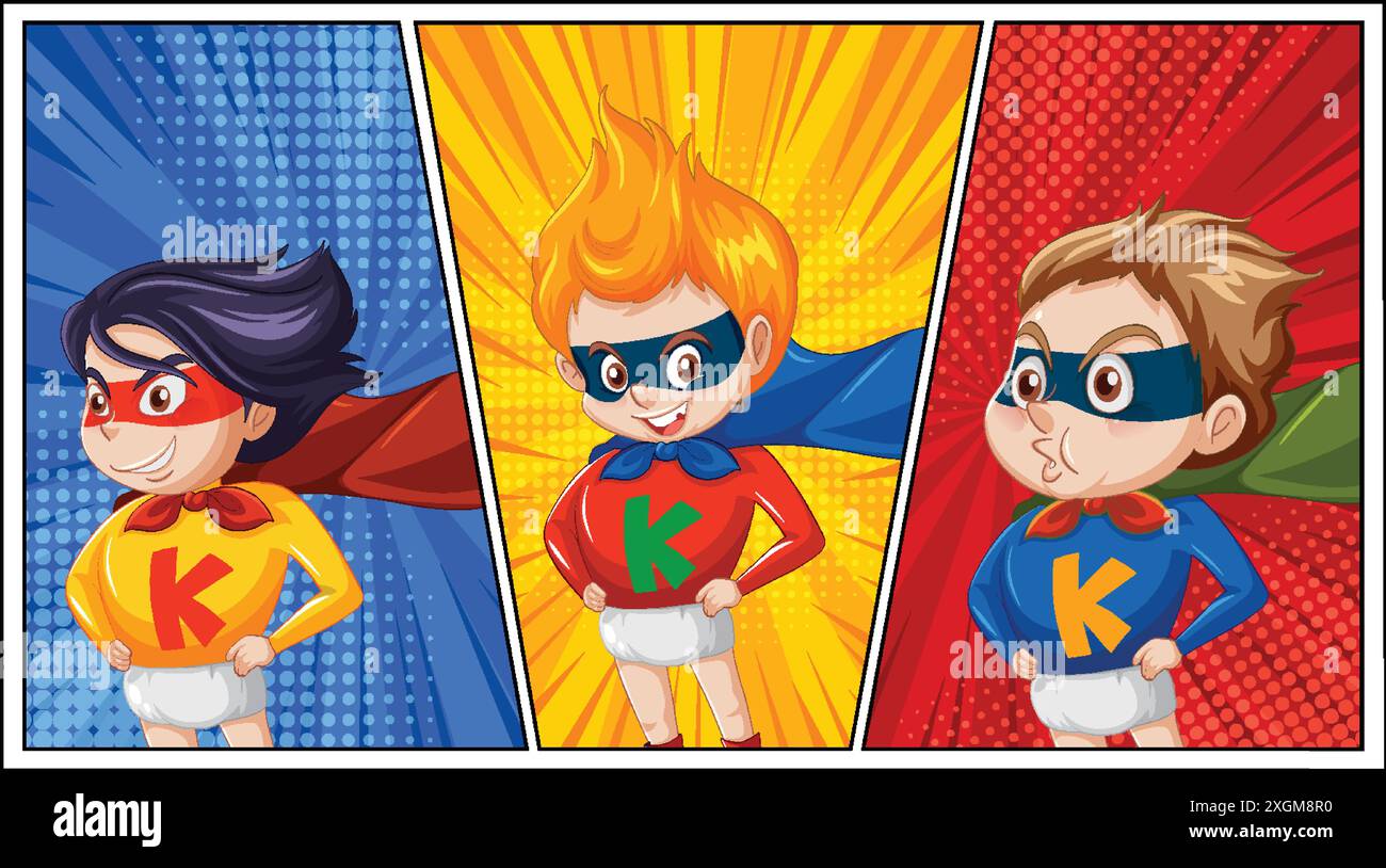 Three superheroes in vibrant comic-style panels Stock Vector Image ...