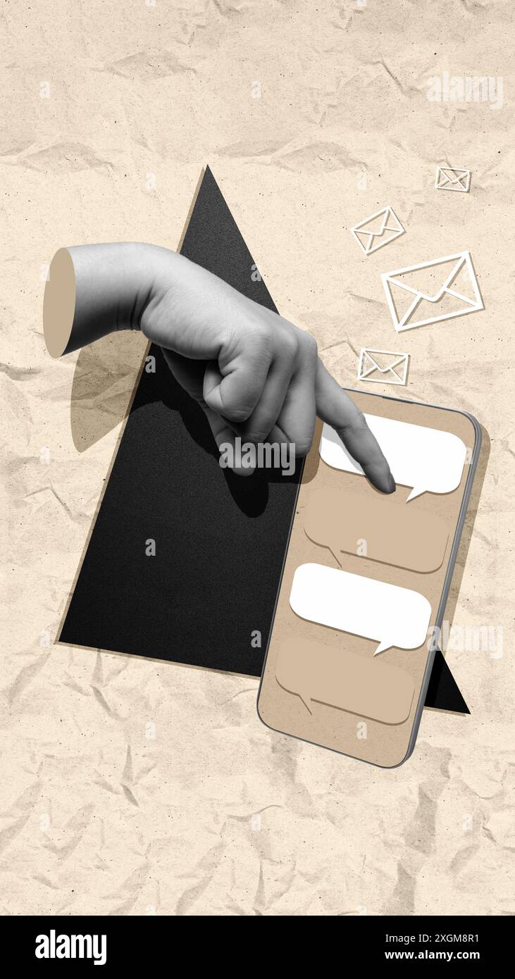 Human hand pointing at the conversation chat on a mobile phone screen ...