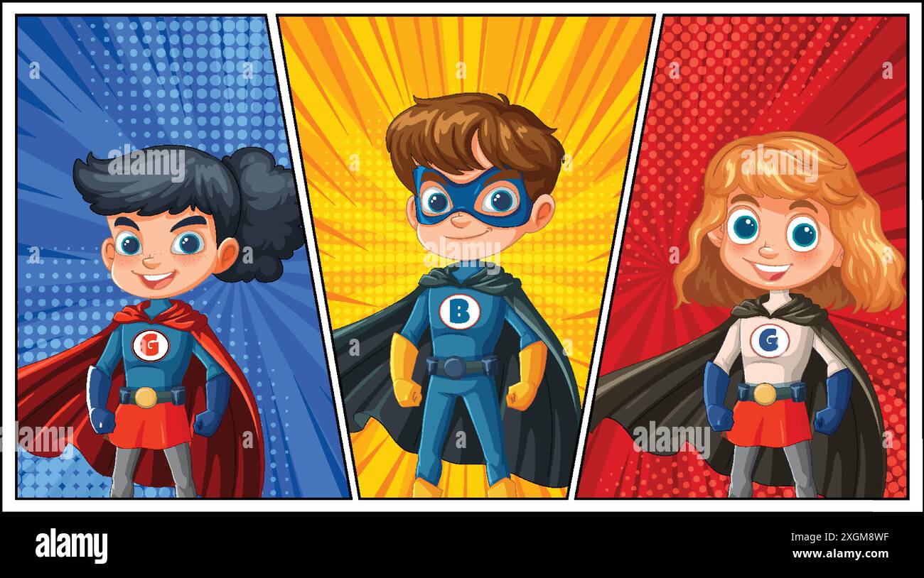 Three superheroes posing with colorful backgrounds Stock Vector Image ...