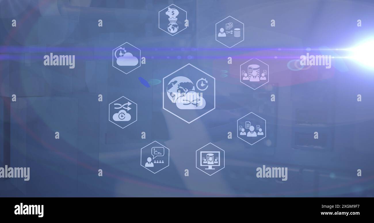 Image of icons and light on navy background. global network, data processing and technology ...