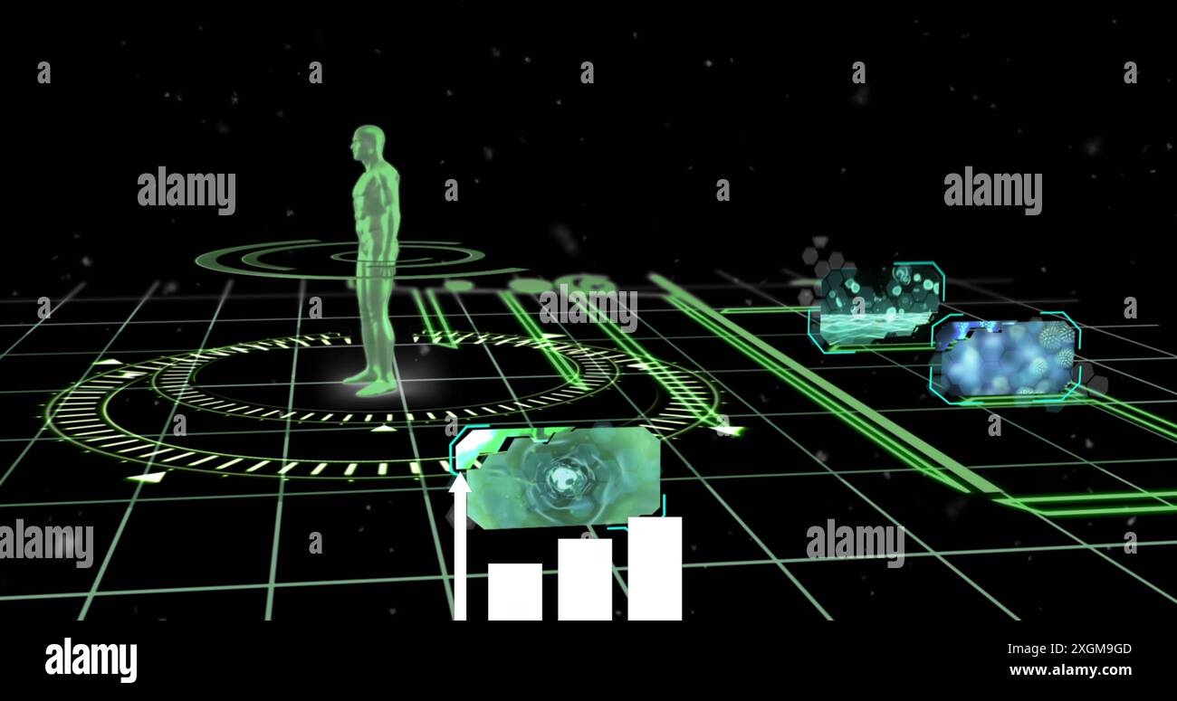 Screens with data processing and human body model over a round scanner against black background ...