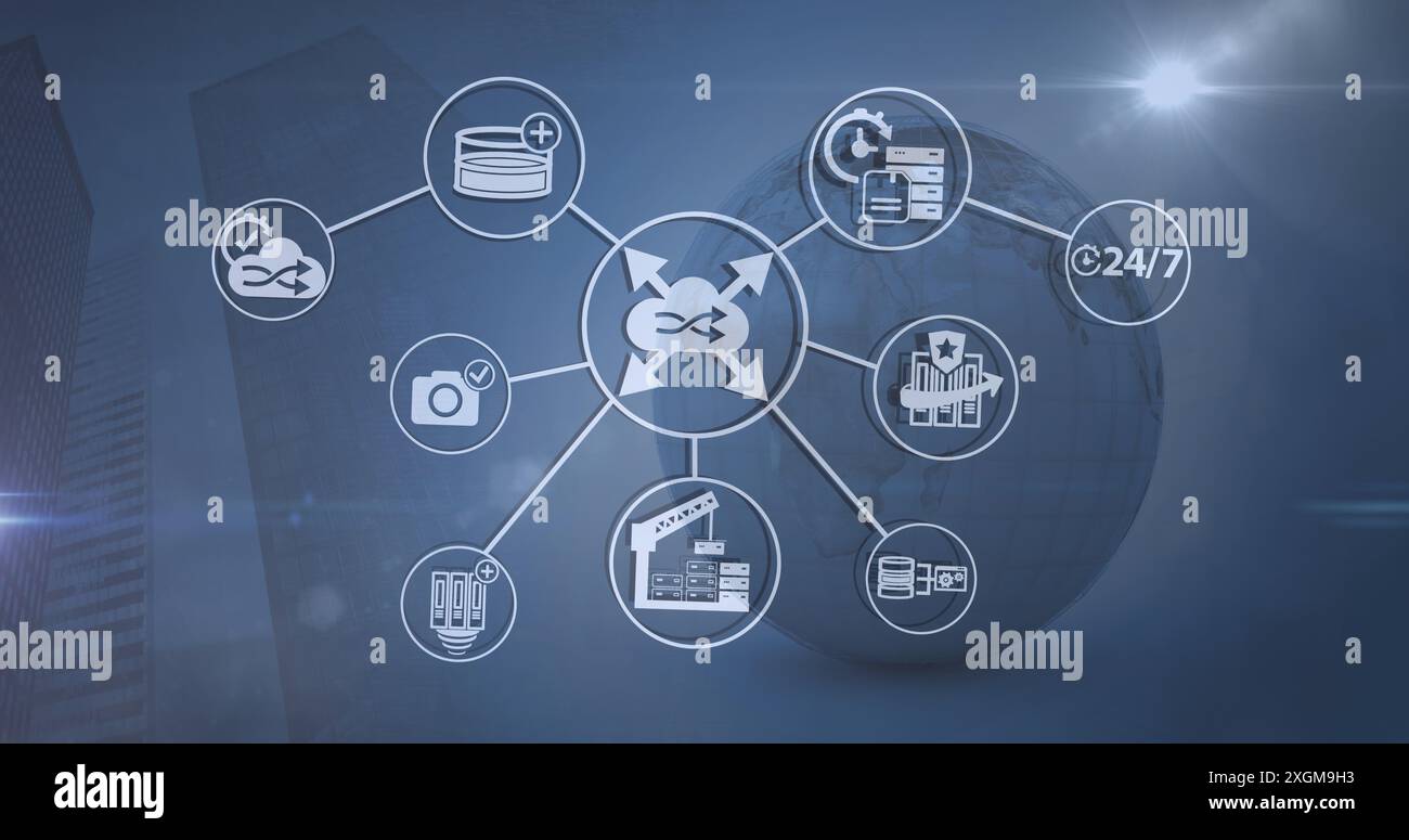 Image of icons and connections over globe and cityscape. global network, data processing and ...