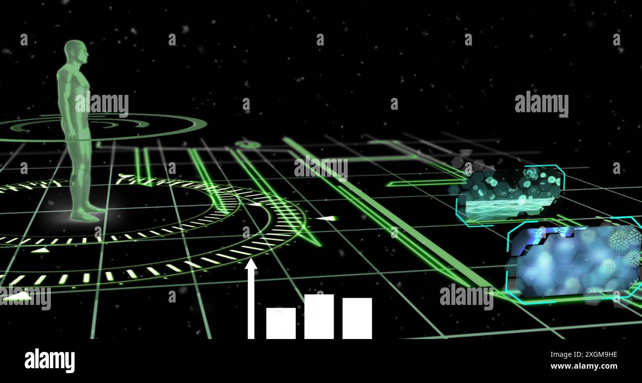 Screens with data processing and human body model over a round scanner ...