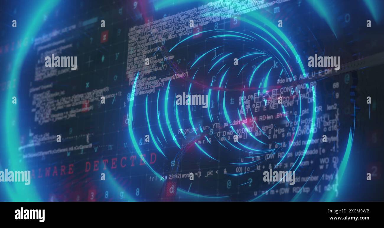 Image of light trails and cyber security data processing over glowing tunnel in seamless pattern ...