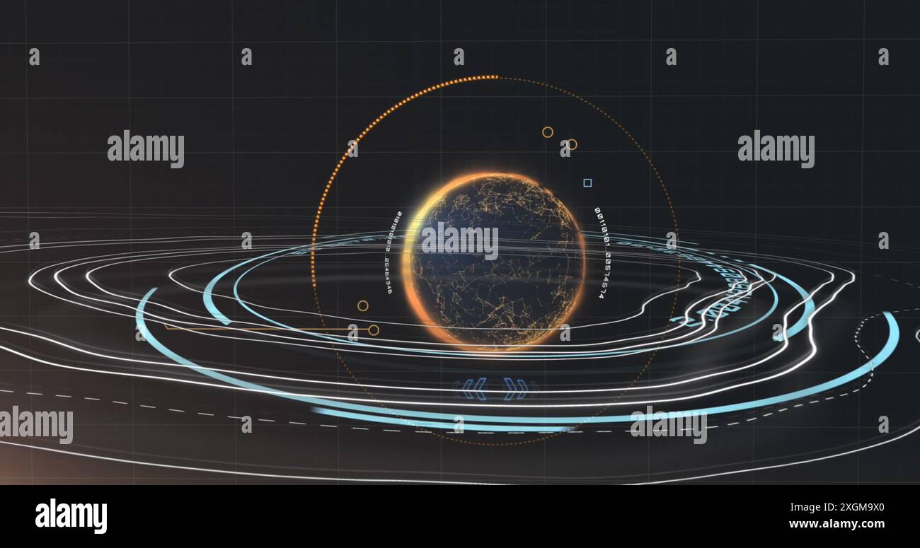 Image of rotating circles over data processing in green and black space. Global communication ...