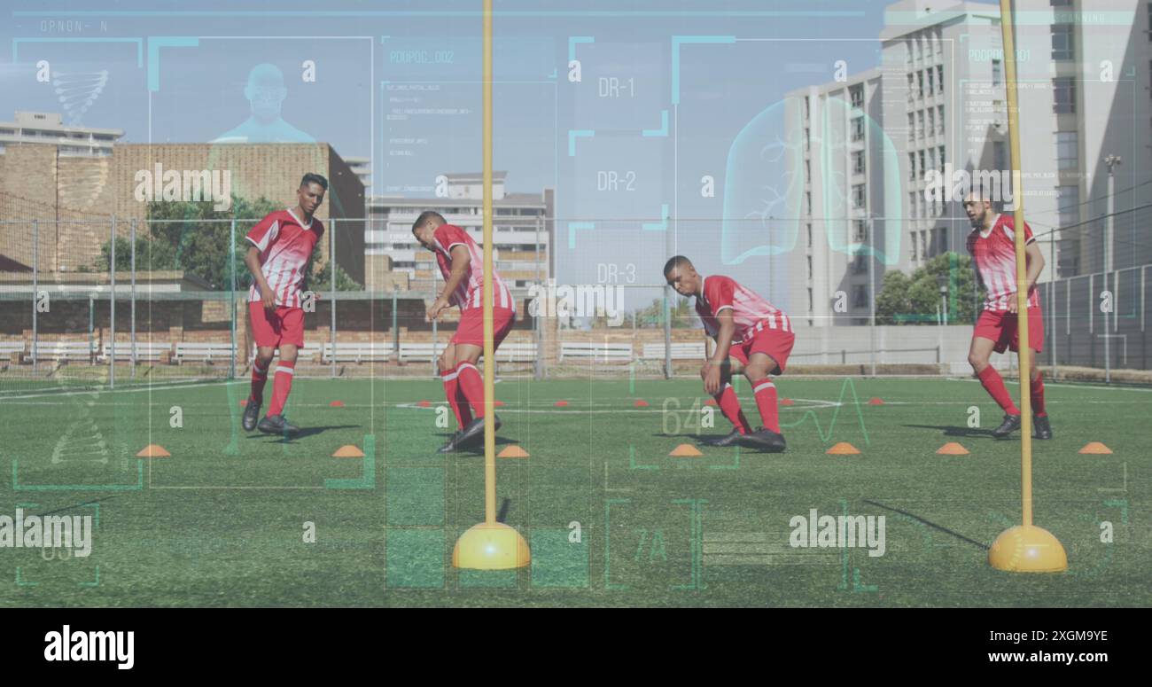 Image of interface processing data over diverse group of male football ...