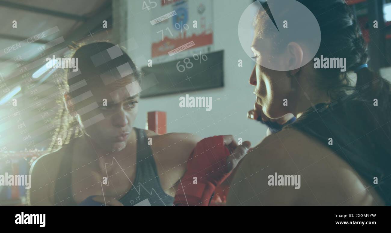 Image of data processing over diverse people boxing at gym. Global ...