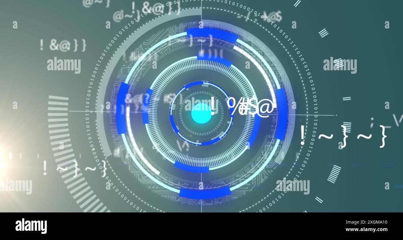 Image of processing circles and math formulas on grey background. Data processing, communication ...