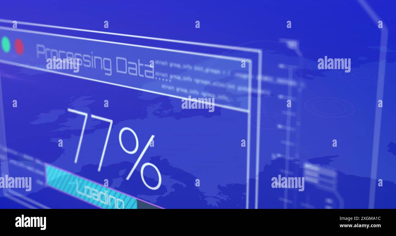 Image of 100 percent data processing loading against blue world map. Digital composite, global ...