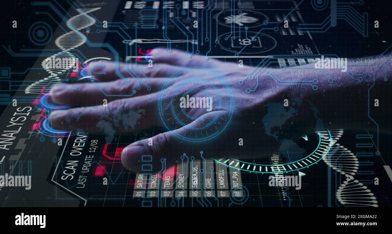 Image of caucasian man hand scanning with hud element, data processing ...