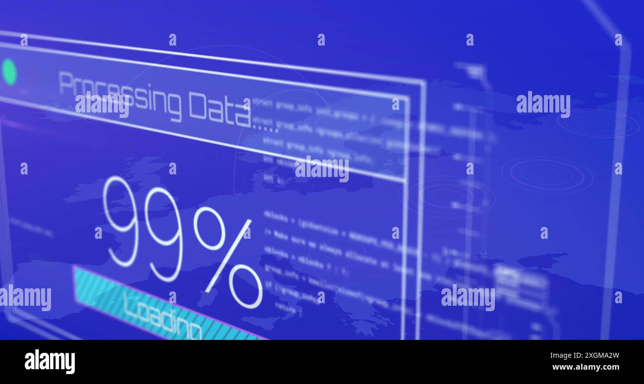 Image of 100 percent data processing loading against blue world map. Digital composite, global ...