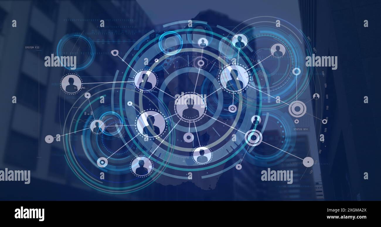 Image of digital circles and profile icons interconnecting with lines ...