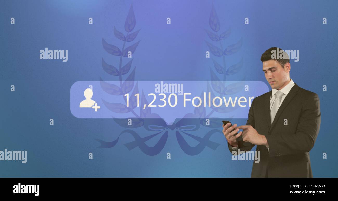 Image of caucasian businessman checking number of followers on phone ...