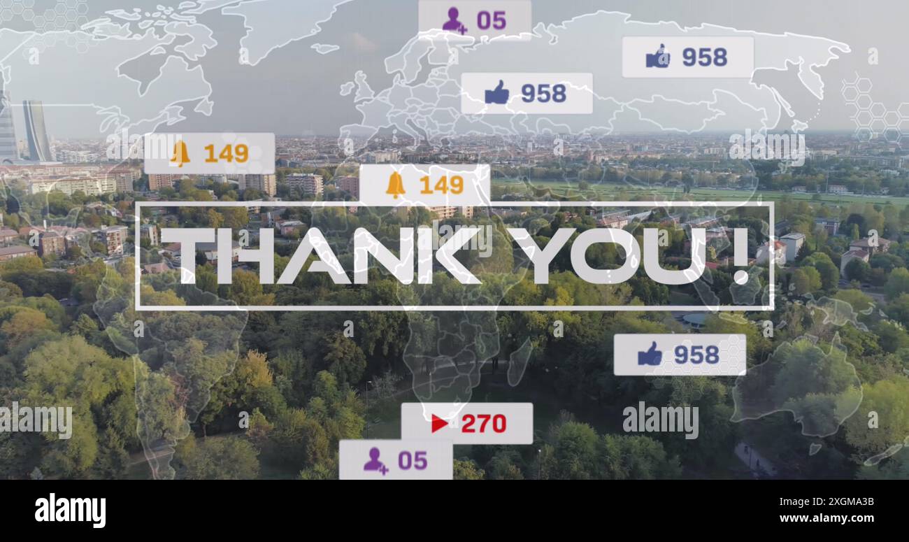 Image of thank you sign with social media icons, world map over city ...
