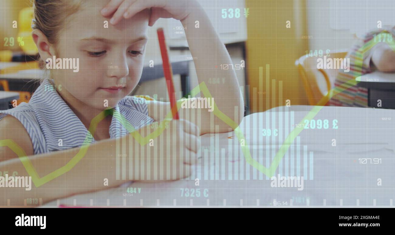 Image of bar graphs and numbers over caucasian girl writing in book in ...