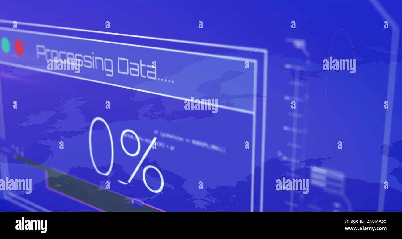 Image of 100 percent data processing loading against blue world map ...