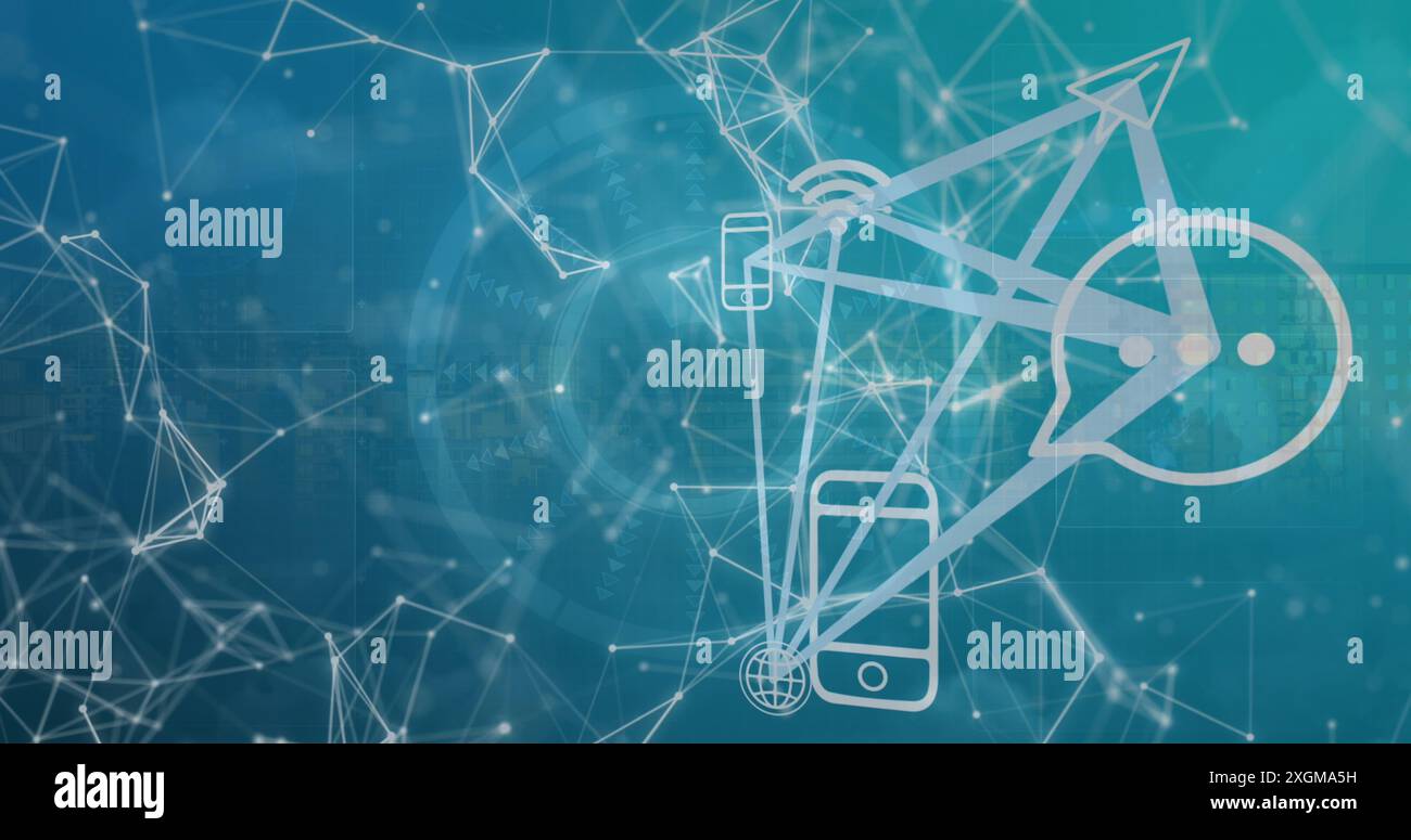 Image of digital computer icons and dots interconnecting with lines on abstract background ...