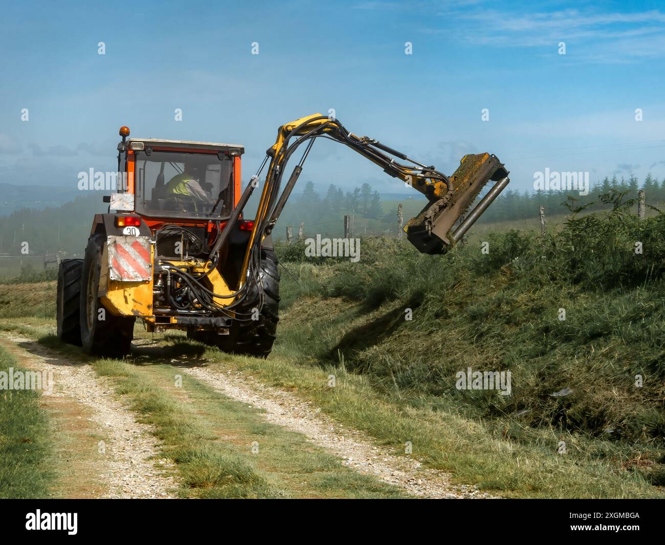 A tractor with a rotating blade attachment mows a hillside, leaving a ...