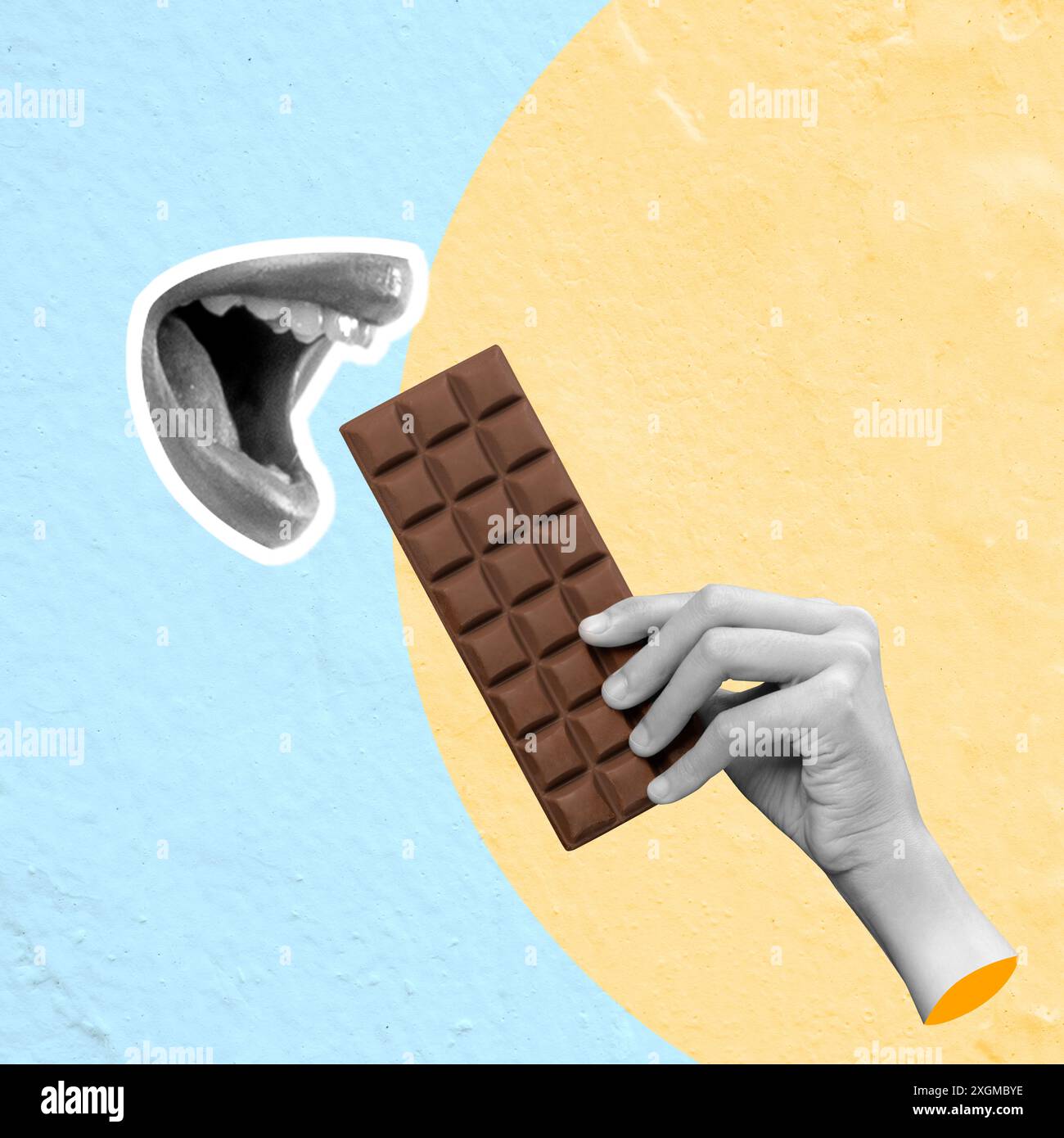A human hand eats a chocolate bar on a colored background. Collage art ...