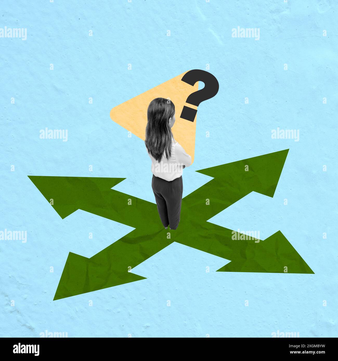 A businesswoman with a question mark on her head is confused about ...